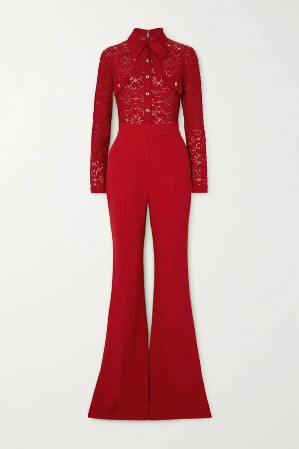 Elie Saab Pussy-bow Corded Lace And Crepe Jumpsuit - Red