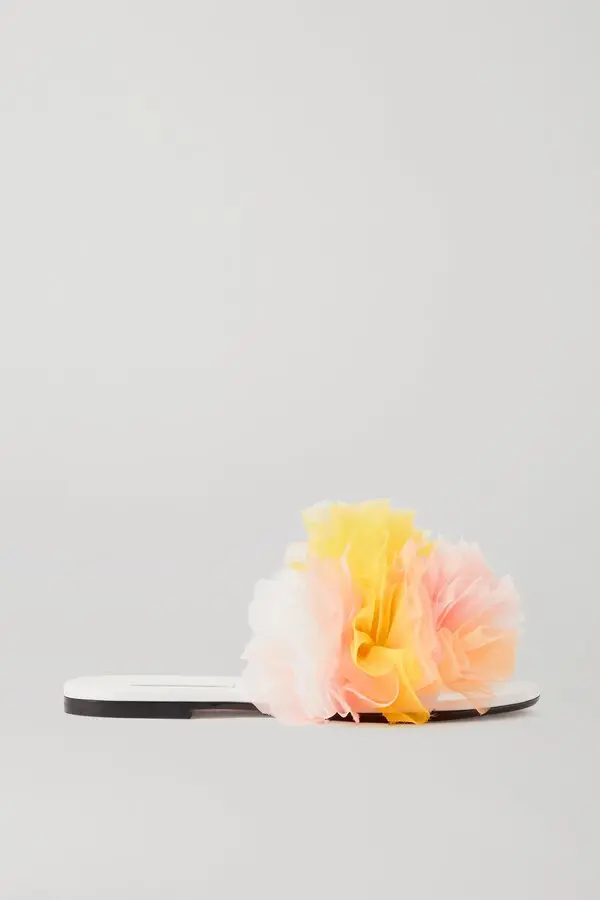 TOMO KOIZUMI X EMILIO PUCCI Ruffled Tulle And Leather Slides - Yellow