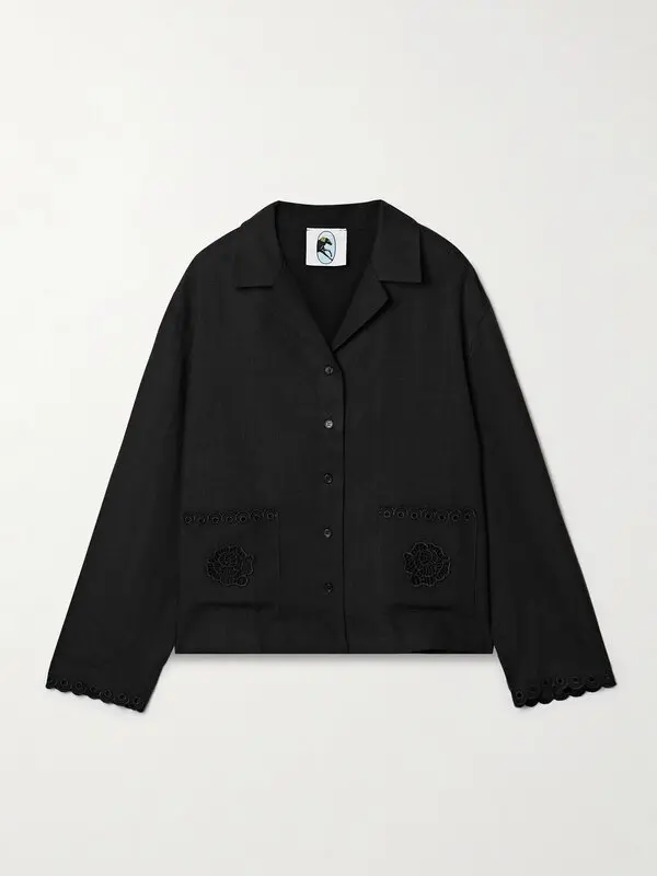 Sleeper Sofia Broderie Anglaise-trimmed Linen Pajama Shirt - Black