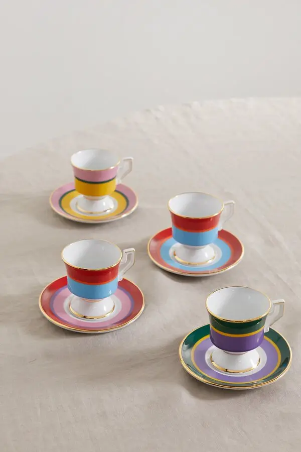 La DoubleJ Set Of Four Gold-plated Porcelain Espresso Cups And Saucers - Pink