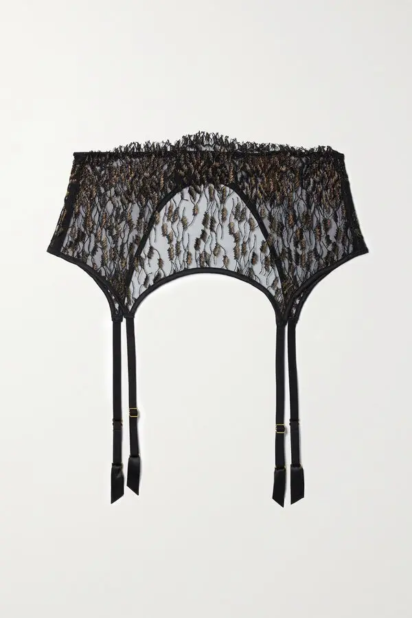 COCO DE MER Felino Embroidered Tulle Suspender Belt - Black