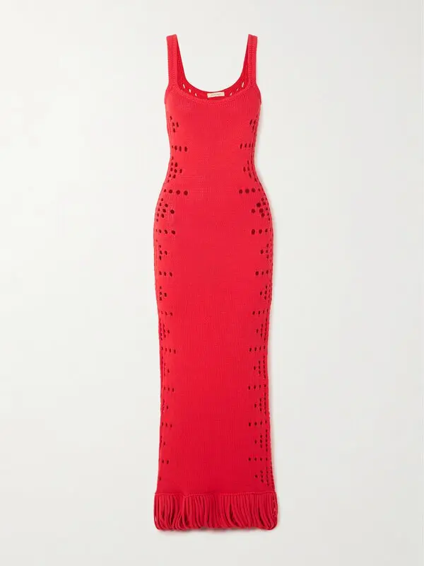 DIOTIMA Moore Fringed Pointelle-knit Cotton-blend Maxi Dress - Red