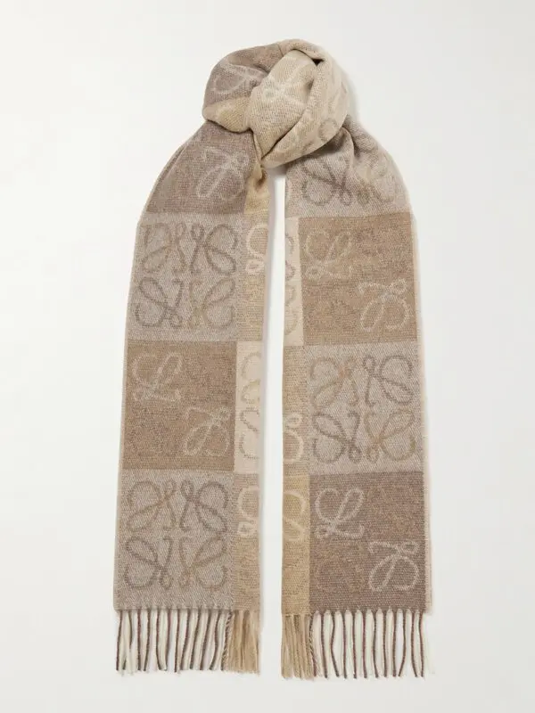 Loewe Fringed Intarsia Wool And Cashmere-blend Scarf - Neutrals