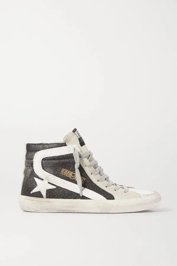 GOLDEN GOOSE Slide Glittered Distressed High-top Sneakers - Black