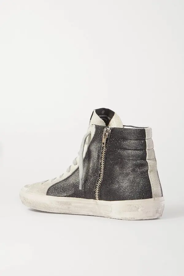 GOLDEN GOOSE Slide Glittered Distressed High-top Sneakers - Black