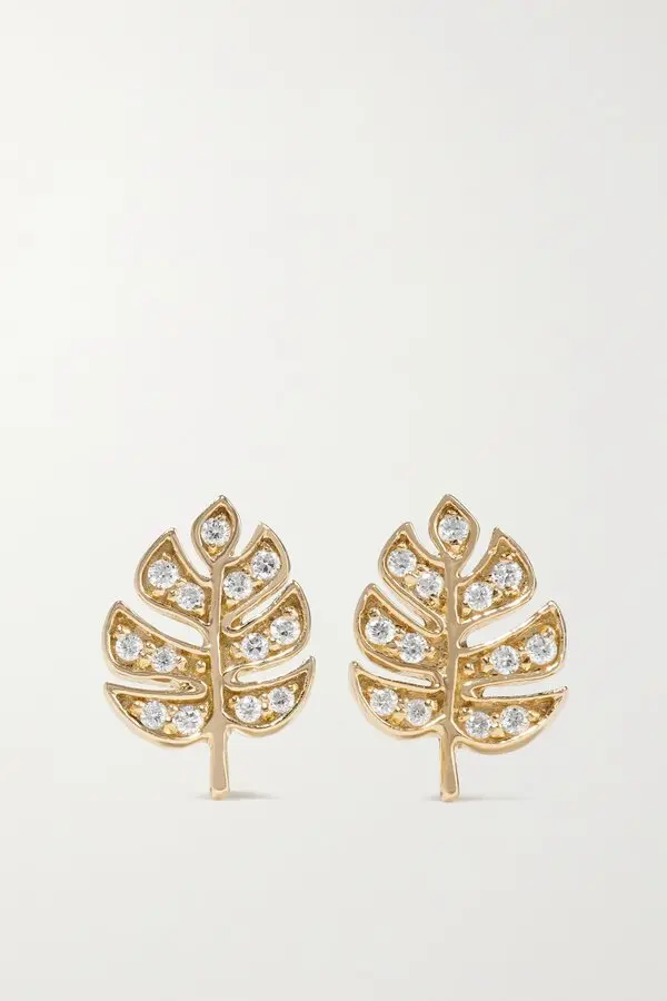 SYDNEY EVAN Tiny Monstera Leaf 14-karat Diamond Stud Earrings - Gold