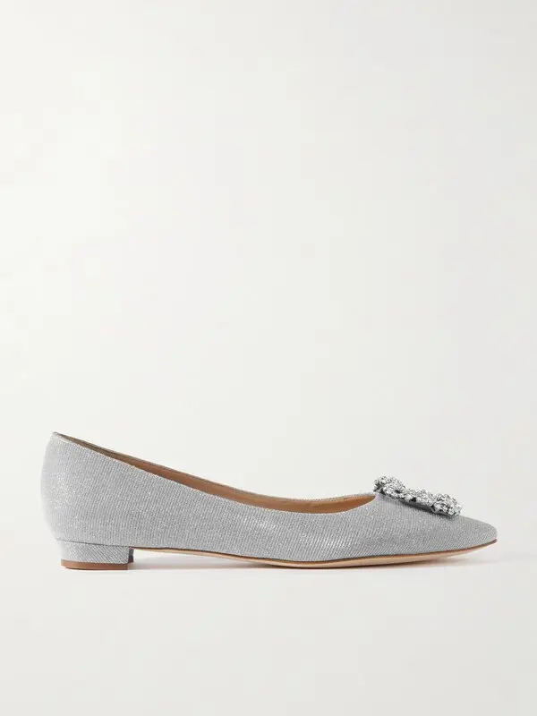 Manolo Blahnik Hangisi Glittered Satin Flats - Silver