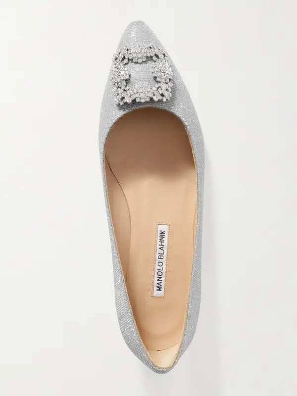 Manolo Blahnik Hangisi Glittered Satin Flats - Silver