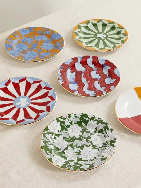 La DoubleJ Set Of Six Gold-plated Porcelain Dessert Plates - Red