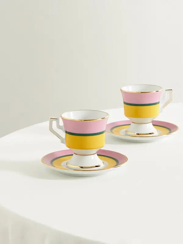 La DoubleJ Set Of Two Gold-plated Porcelain Espresso Cups And Saucers - Pink