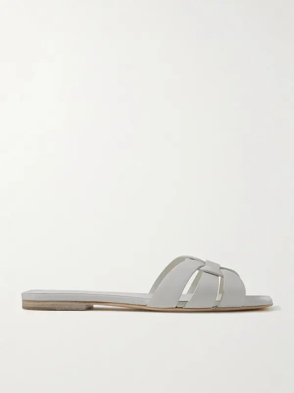 Saint Laurent Tribute Woven Leather Slides - Neutrals
