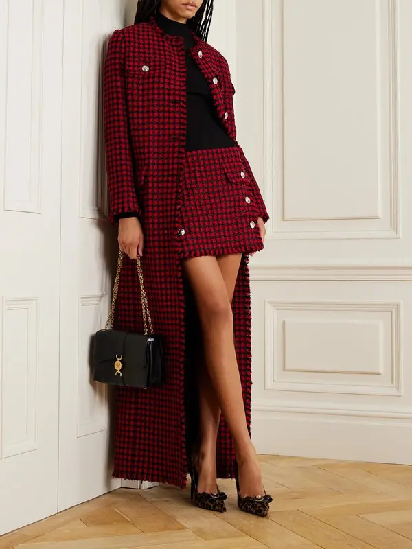 Versace Button-embellished Frayed Checked Tweed Mini Skirt