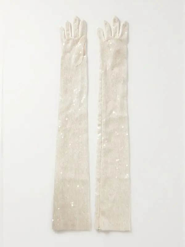 Safiyaa Sequined Satin Gloves - White