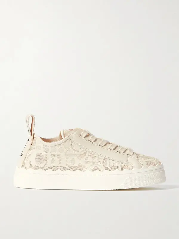 Chloé Lauren Scalloped Lace And Leather Trim Sneakers - Neutrals