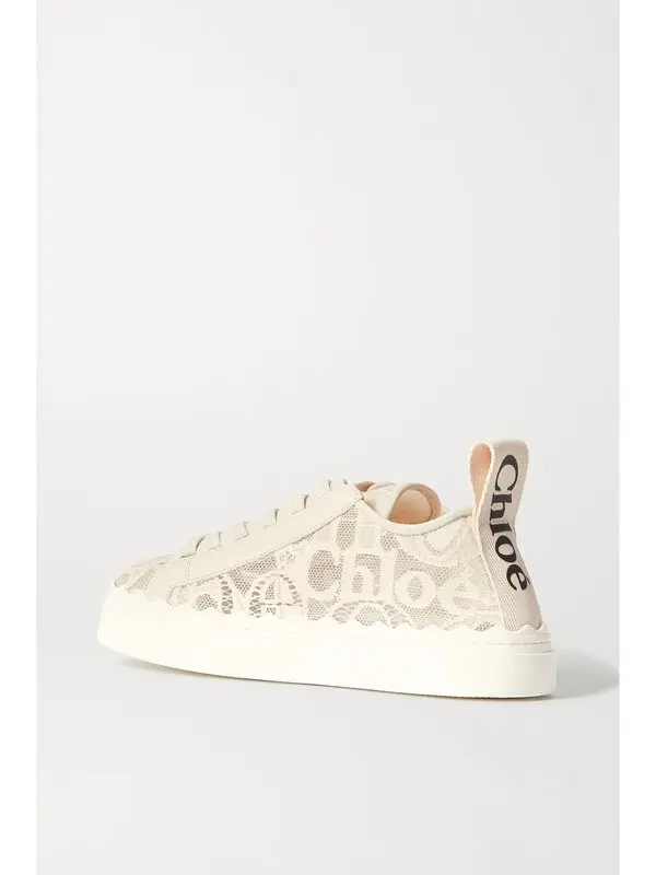 Chloé Lauren Scalloped Lace And Leather Trim Sneakers - Neutrals