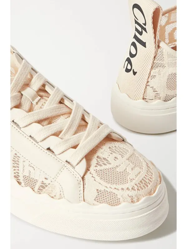 Chloé Lauren Scalloped Lace And Leather Trim Sneakers - Neutrals