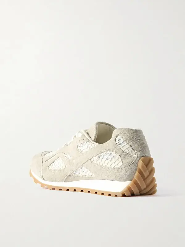 Bottega Veneta Orbit Suede, Leather, Mesh And Fishnet Sneakers - Neutrals