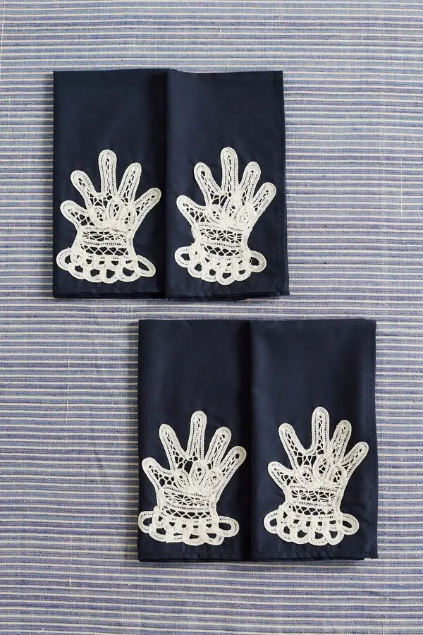 GOHAR WORLD Hands Set Of Four Lace-appliquéd Cotton Napkins - Blue