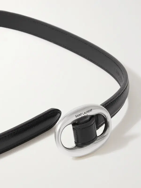 Saint Laurent Skinny Glossed-leather Belt With Silver-tone Buckle