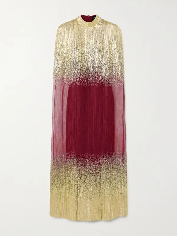 DIMA AYAD Metallic Plissé-tulle Gown And Cape Set - Burgundy