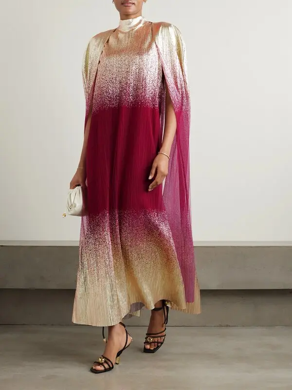 DIMA AYAD Metallic Plissé-tulle Gown And Cape Set - Burgundy