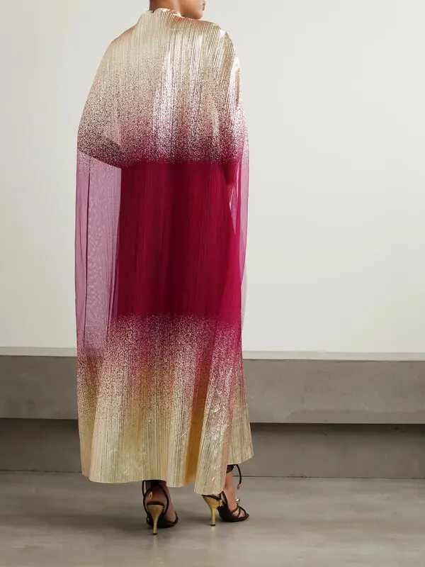 DIMA AYAD Metallic Plissé-tulle Gown And Cape Set - Burgundy