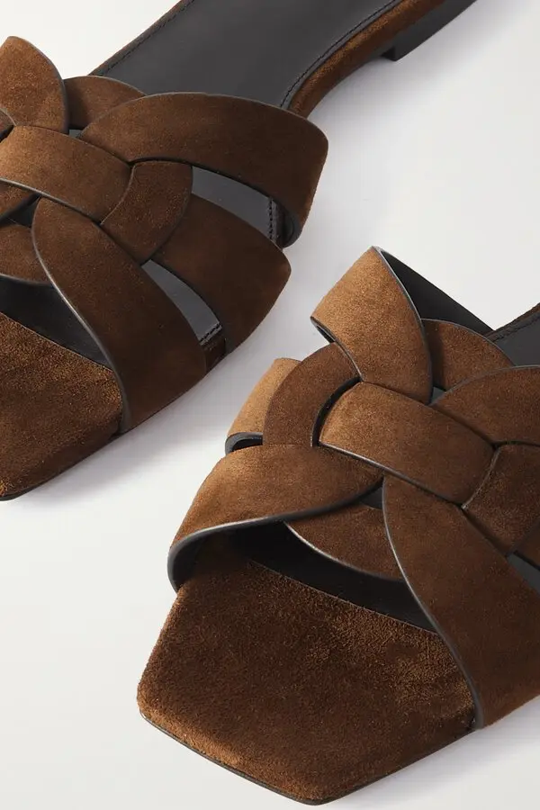 Saint Laurent Tribute Woven Suede Slides - Brown