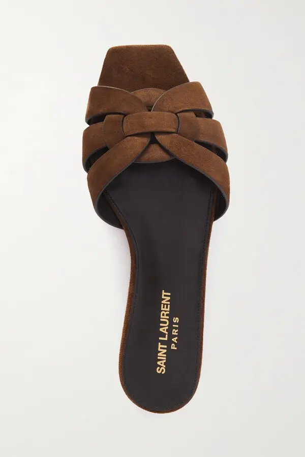 Saint Laurent Tribute Woven Suede Slides - Brown