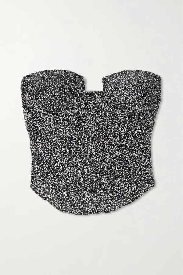SANDRA MANSOUR Strapless Glittered Tulle Bustier Top