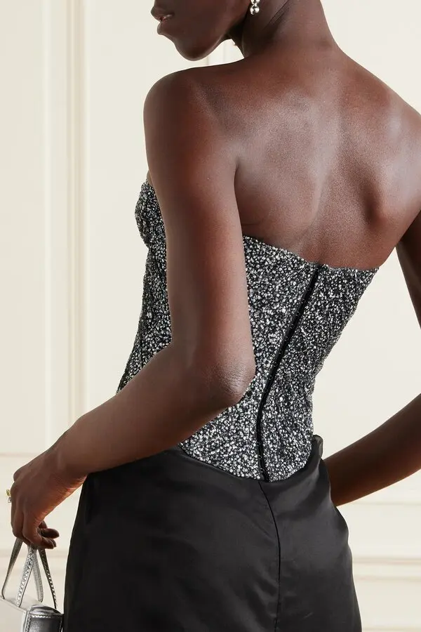 SANDRA MANSOUR Strapless Glittered Tulle Bustier Top