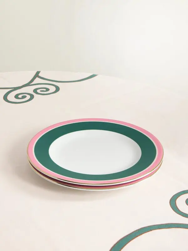La DoubleJ Set Of Two Printed Gold-plated Porcelain Dessert Plates 26cm - Green
