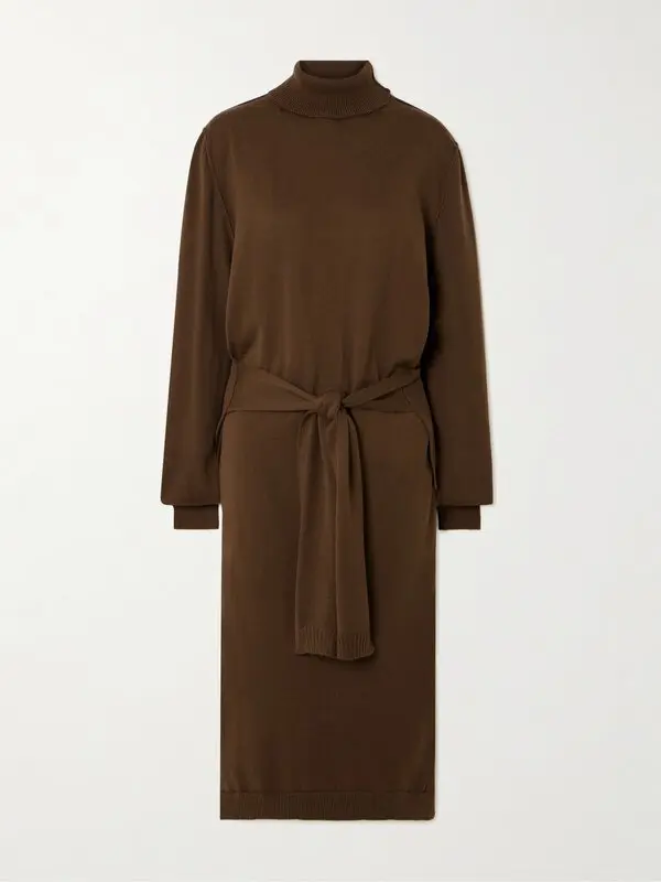 LEMAIRE Belted Wool-blend Turtleneck Midi Dress - Brown