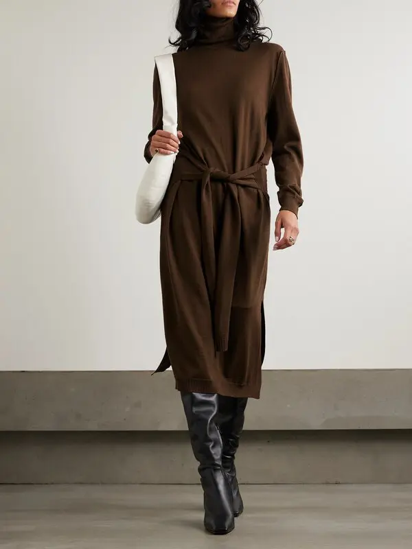 LEMAIRE Belted Wool-blend Turtleneck Midi Dress - Brown