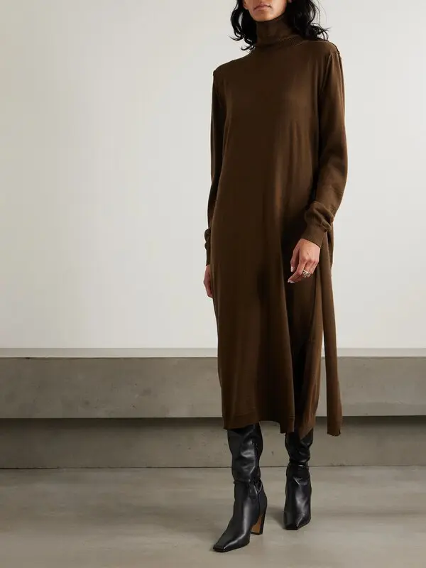 LEMAIRE Belted Wool-blend Turtleneck Midi Dress - Brown