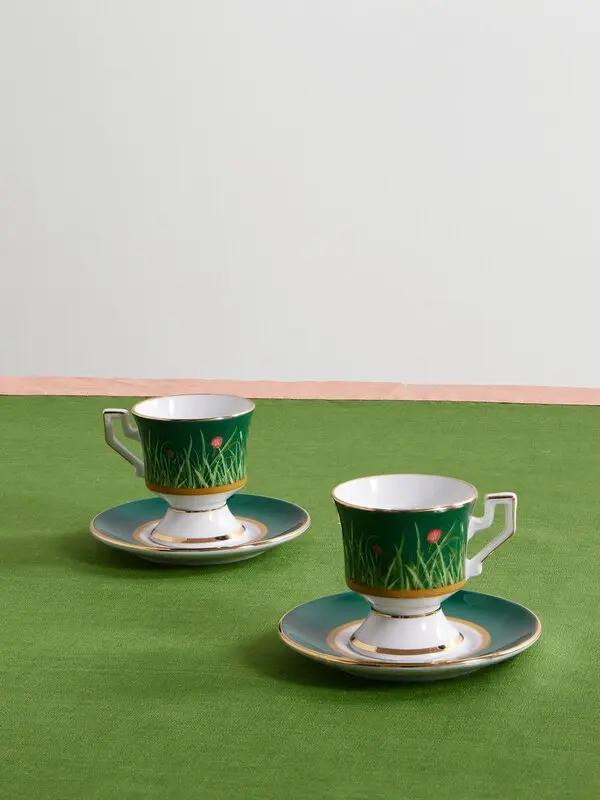 La DoubleJ Set Of Two Gold-plated Painted Porcelain Espresso Cups And Saucers - Green