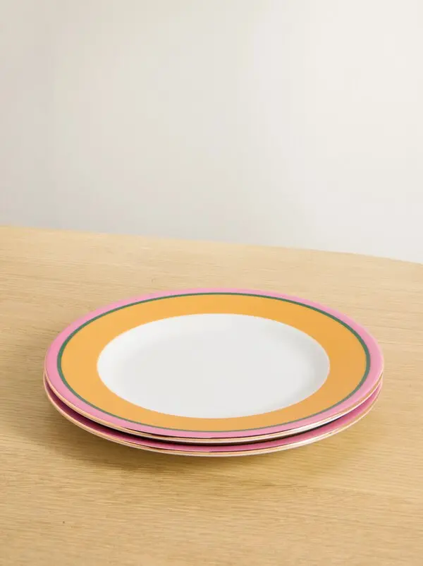 La DoubleJ Set Of Two Gold-plated Painted Porcelain Dinner Plates - Yellow
