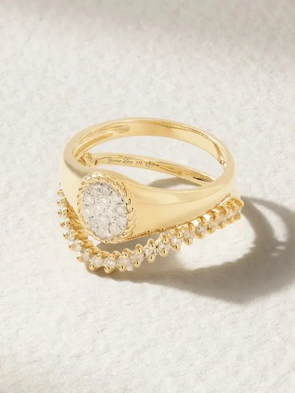 Yvonne Léon Mini Chevalière + Alliance Diamond Signet Rings Set - Gold