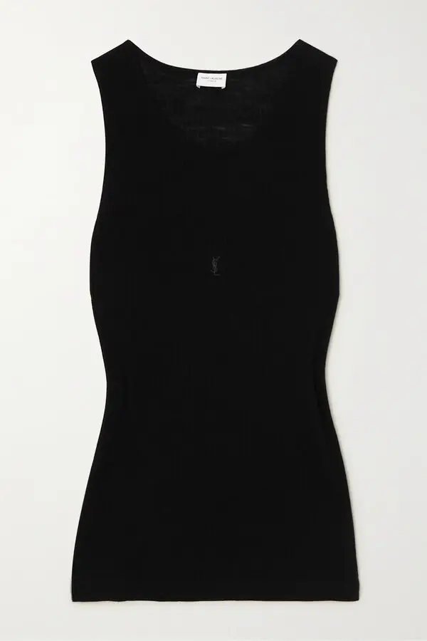 Saint Laurent Embroidered Ribbed Tank - Black