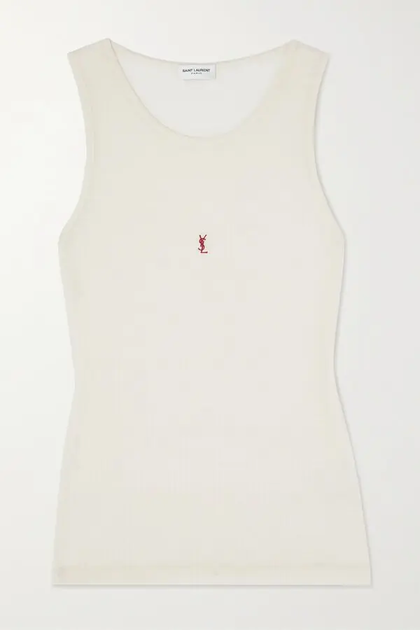 Saint Laurent Cassandre Embroidered Ribbed Wool Tank - Neutrals