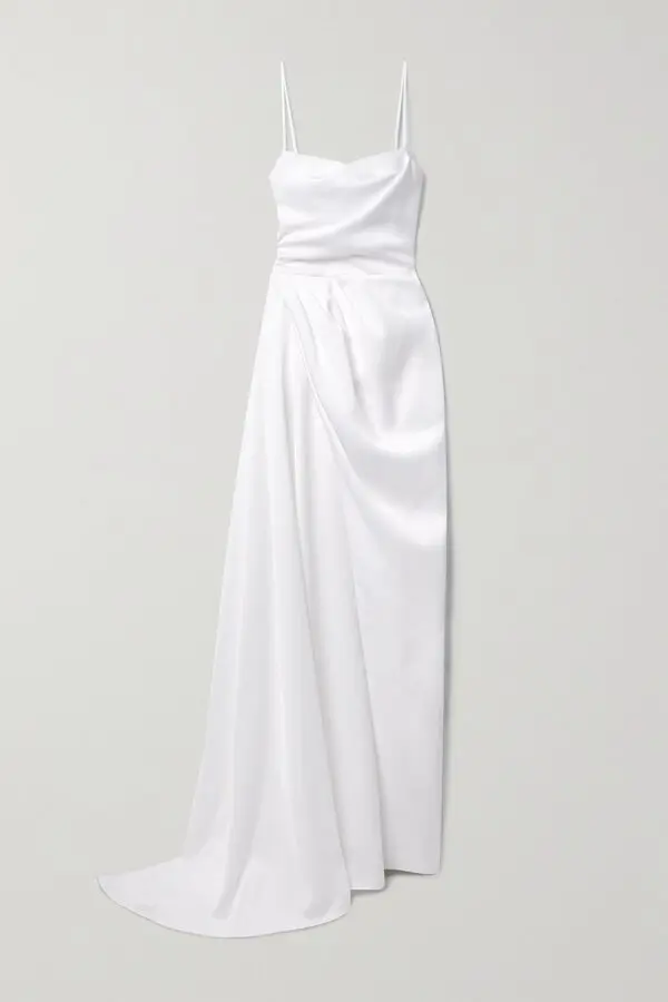 RASARIO Asymmetric Draped Duchesse-satin Gown