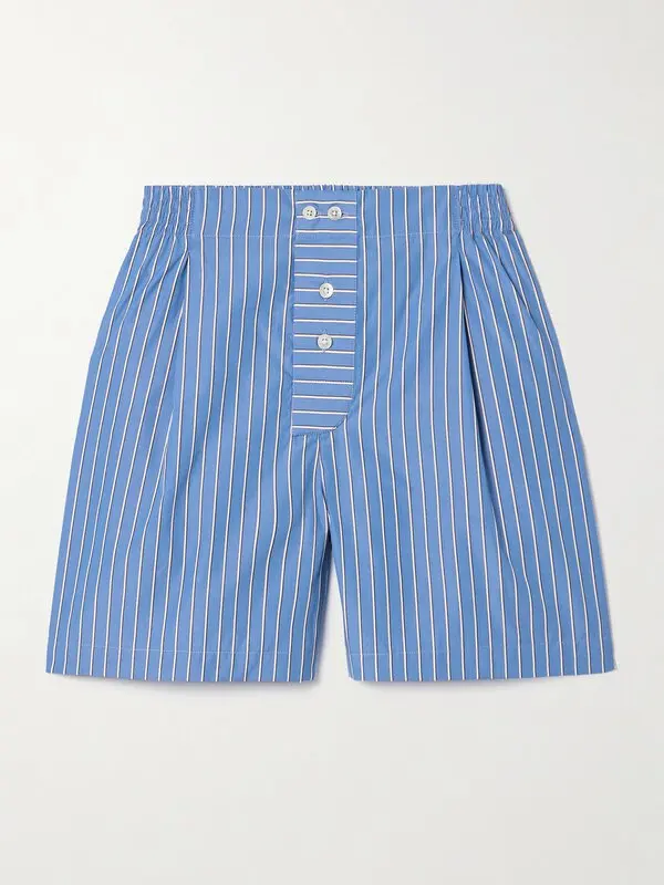 SEBLINE Pleated Striped Cotton-poplin Shorts - Blue