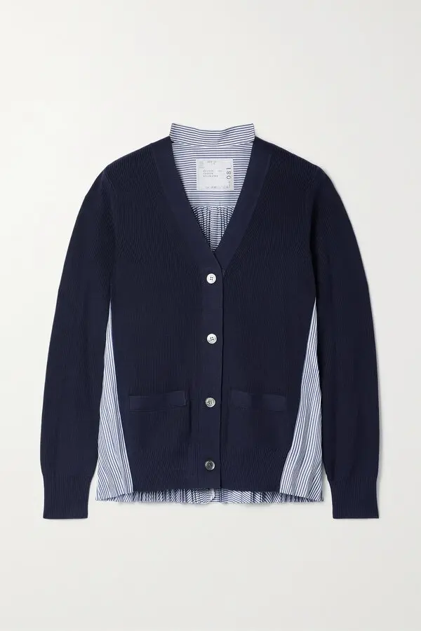Sacai Cotton And Pleated Striped Poplin Cardigan