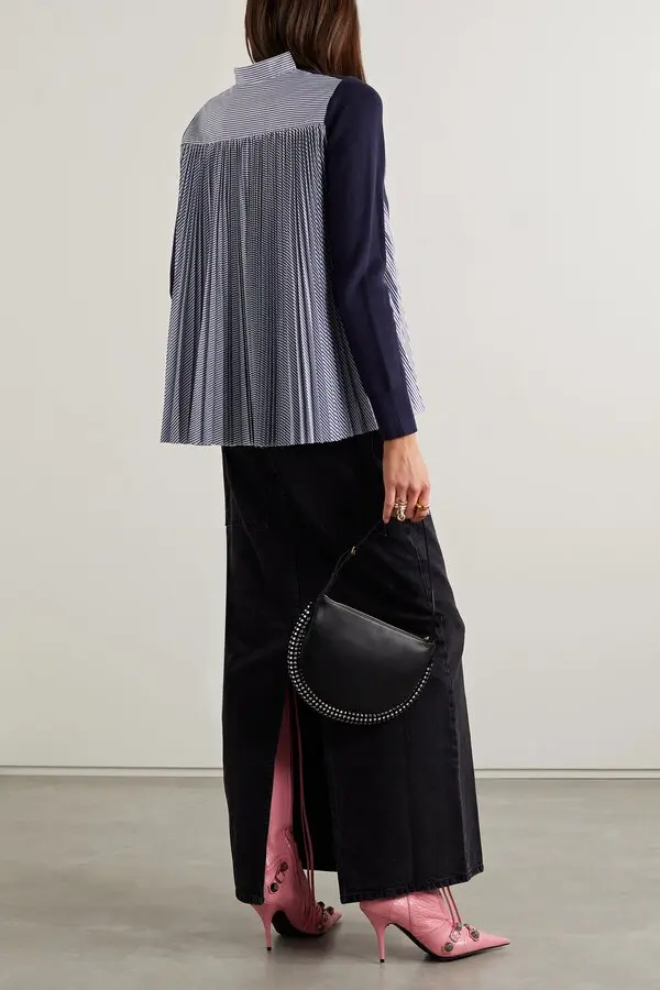 Sacai Cotton And Pleated Striped Poplin Cardigan