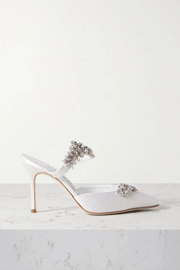 Manolo Blahnik Lurum 90 Crystal-embellished Mules - White