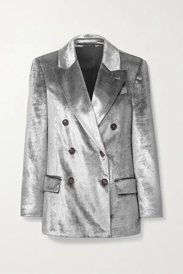 Brunello Cucinelli Double-breasted Metallic Velvet Blazer - Silver