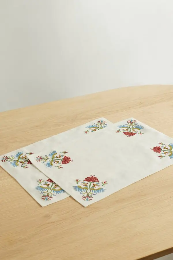CABANA Benaki Set Of Two Embroidered Printed Linen Placemats - White