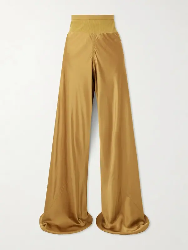 Rick Owens Bias Ribbed-knit Trimmed Satin Wide-leg Trousers