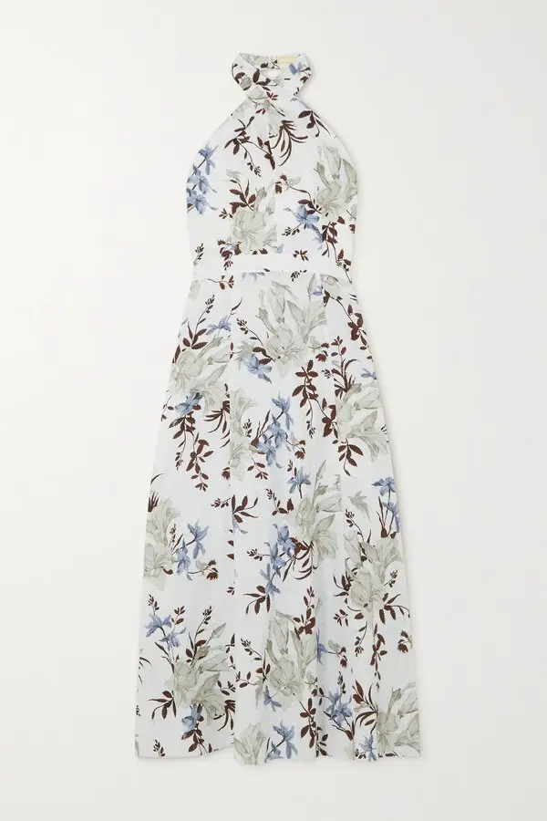 Erdem Selene Floral-print Linen Halterneck Midi Dress - White