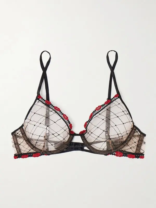 Kiki De Montparnasse La Bise Silk-blend Trimmed Appliquéd Embroidered Tulle Underwired Soft-cup Demi Bra - Black