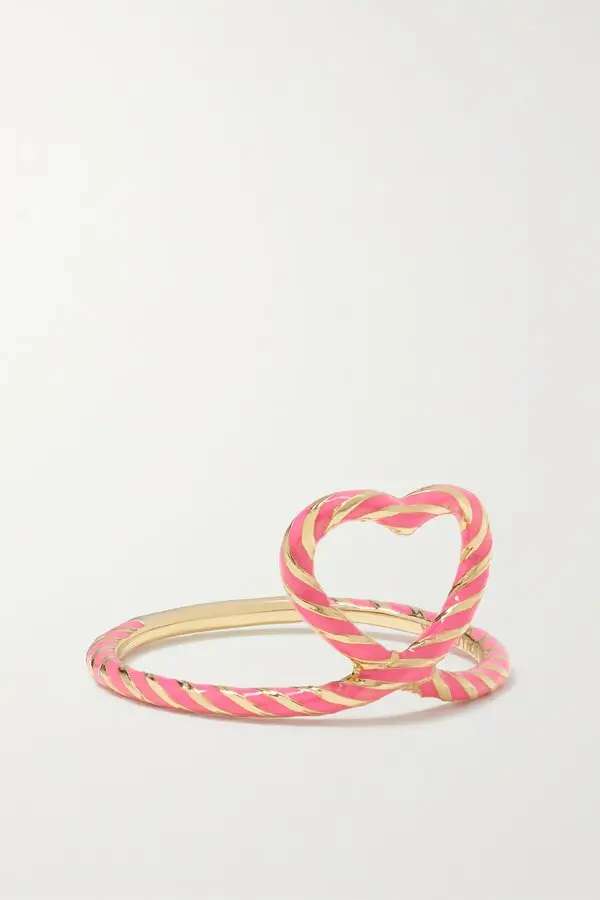 Alison Lou Heart Streamer 14-karat Gold And Enamel Ring - Pink